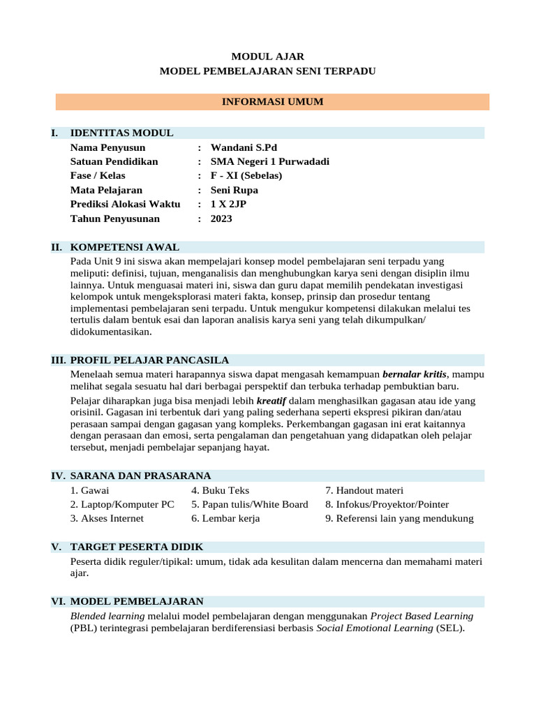 Seni Rupa Unit 9 - Model Pembelajaran | PDF