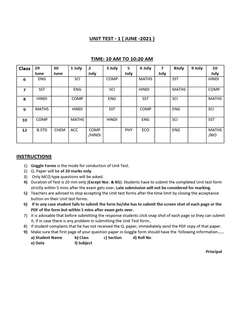 June 2021 Unit Test Instructions | PDF
