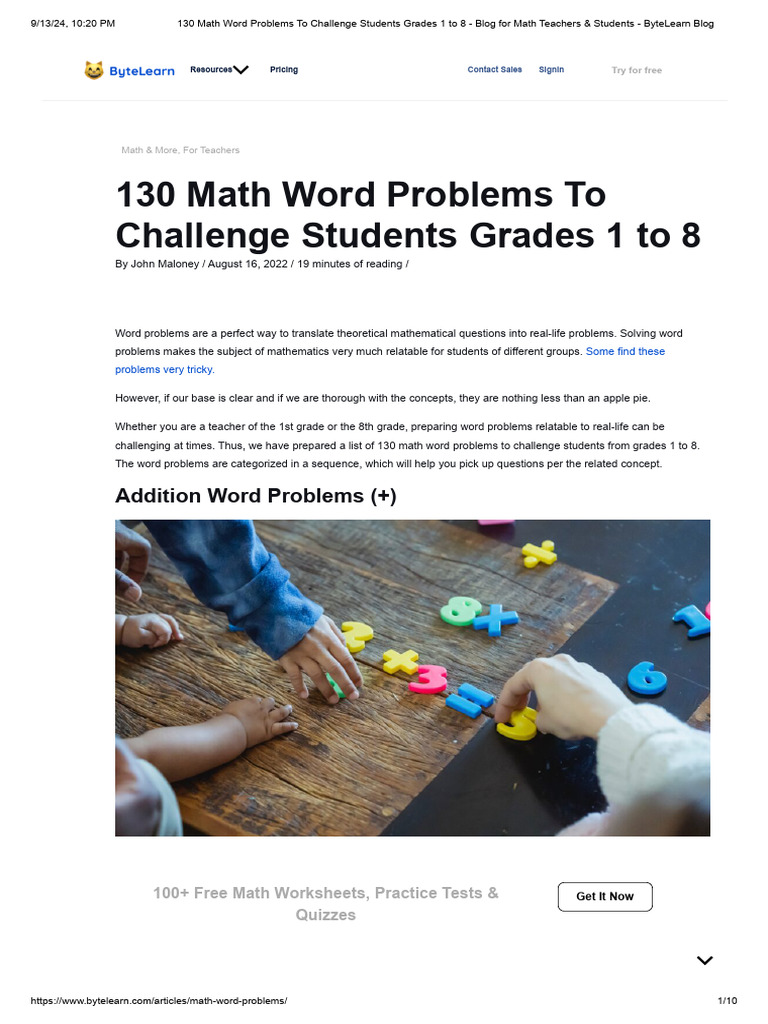 130 Math Word Problems To Challenge Students Grades 1 To 8 - Blog For ...