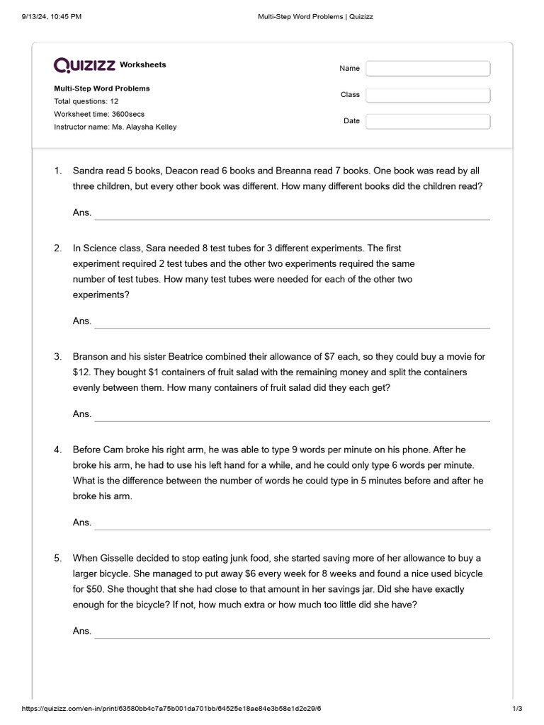 Quizizz - Multi-Step Word Problems | PDF