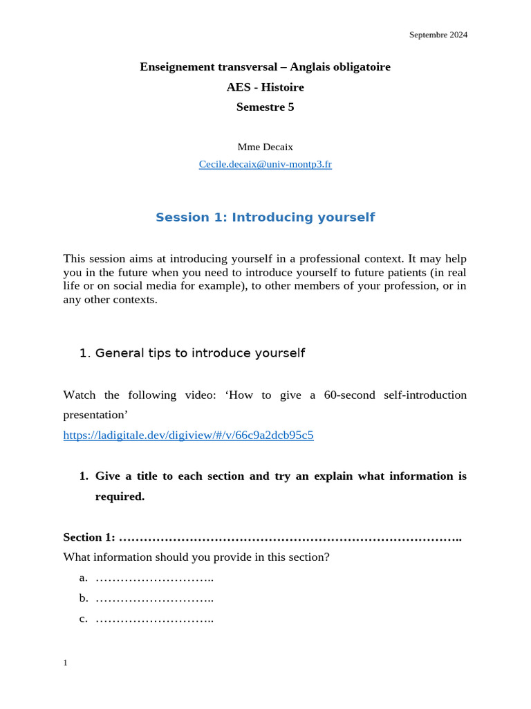 AES - Session 1 - Self Introduction - Etudiant Copie | PDF | Behavior Modification