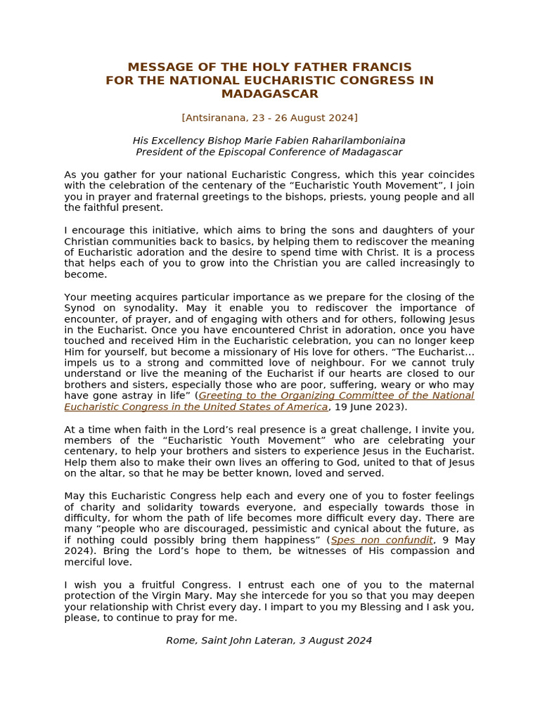 Message of The Holy Father Francis | PDF | Eucharist | Jesus