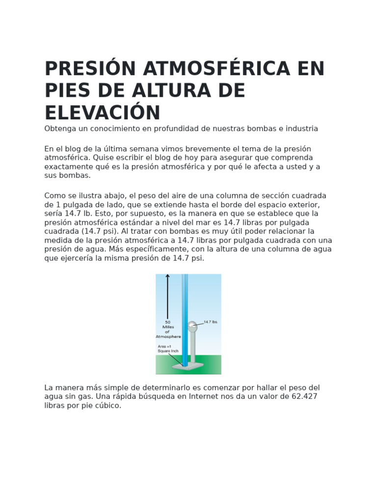 PRESIÓN ATMOSFÉRICA EN PIES DE ALTURA DE ELEVACIÓN | PDF | Presión atmosférica | Atmósfera