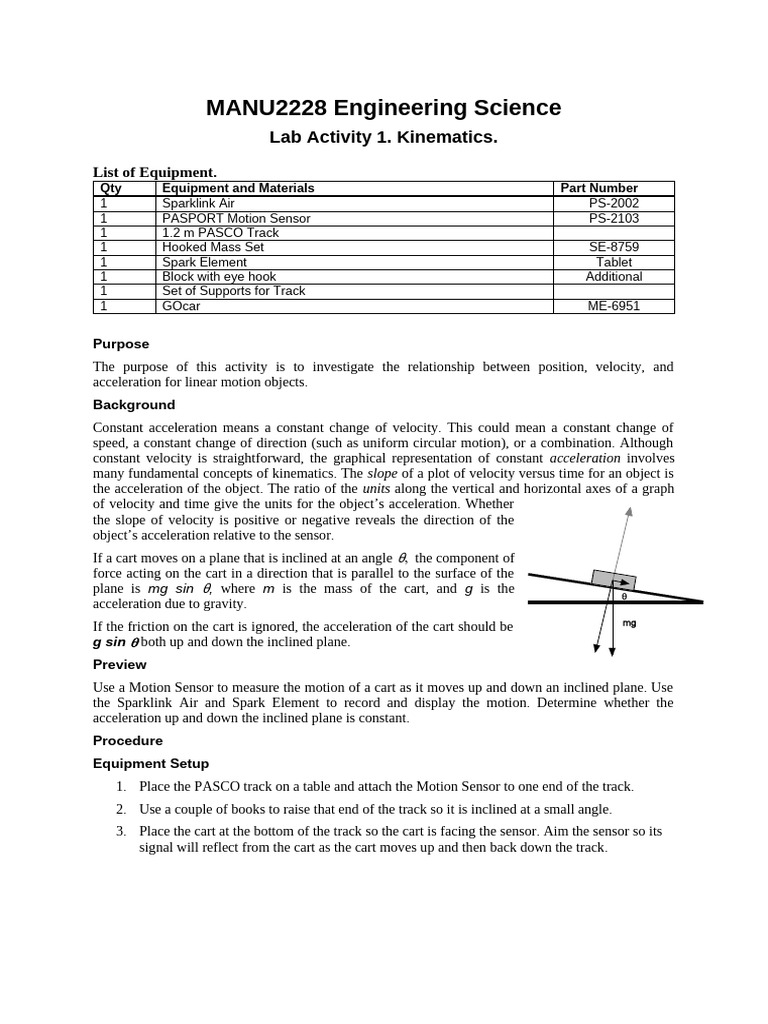 MANU2228 Lab 1 Kinematics | PDF | Acceleration | Velocity