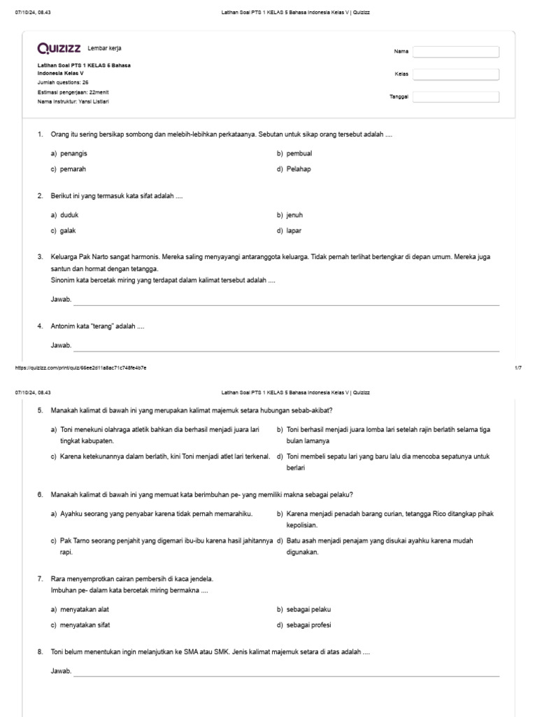 Latihan Soal PTS 1 KELAS 5 Bahasa Indonesia Kelas V - Quizizz | PDF