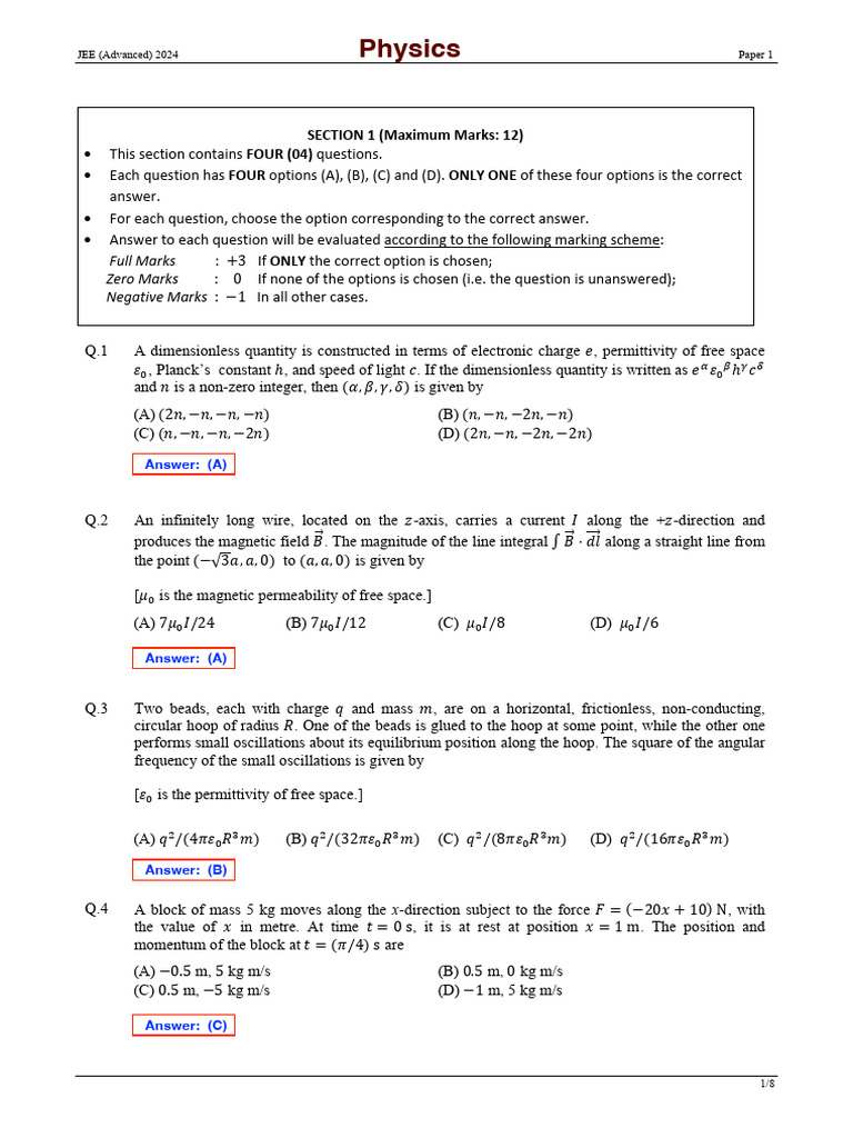 JEE Advanced 2024 Physics Paper | PDF | Physical Quantities | Metrology