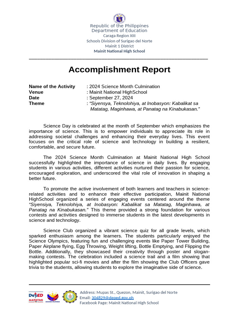 Science Month Accomplishment Report | PDF | Creativity | Cognition