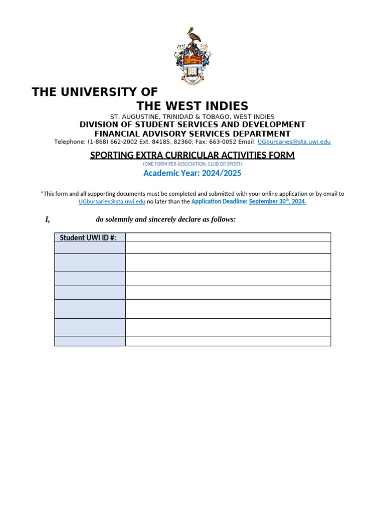 Sporting Extra Curricular Activities Form - Fillable 2024-2025 | PDF
