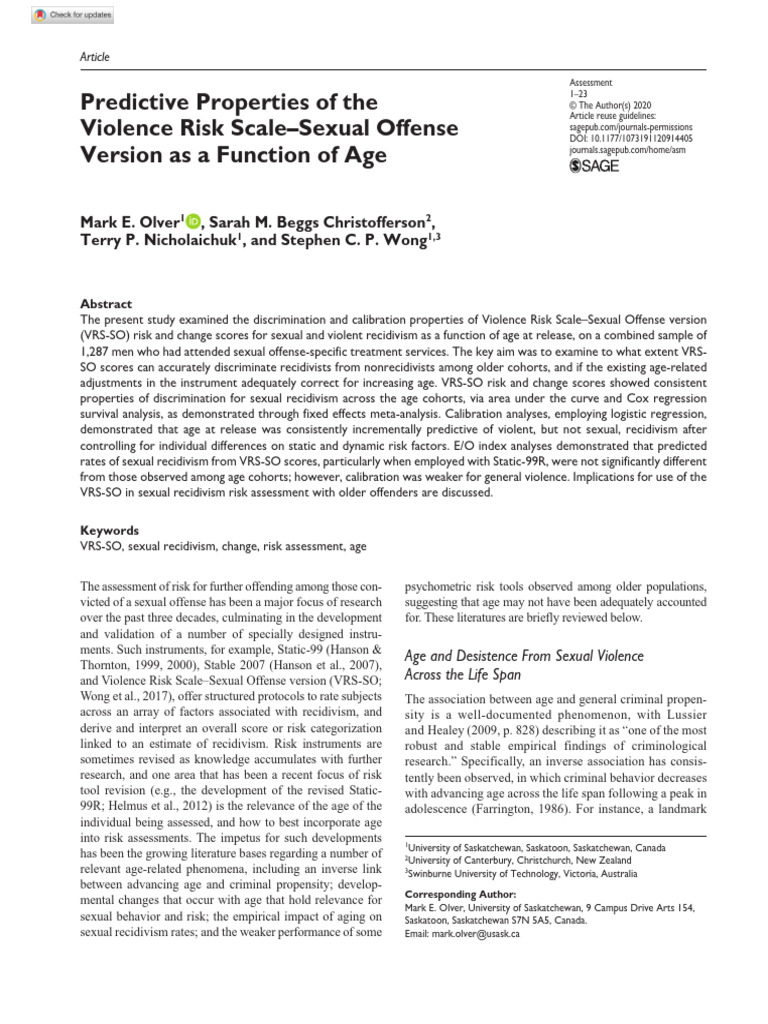 Predictive Properties of The Violence Risk Scale-Sexual Offense Version As A Function of Age ...