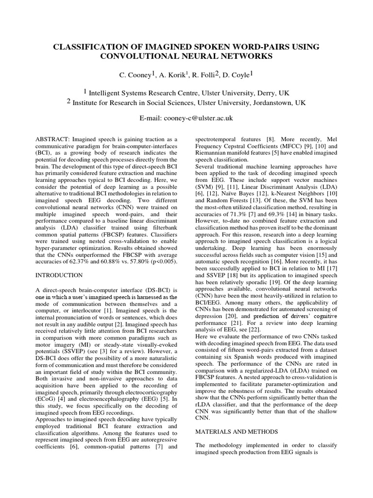 2019 Classification of Imagined Spoken Word-Pairs Using | PDF | Deep Learning | Statistical ...