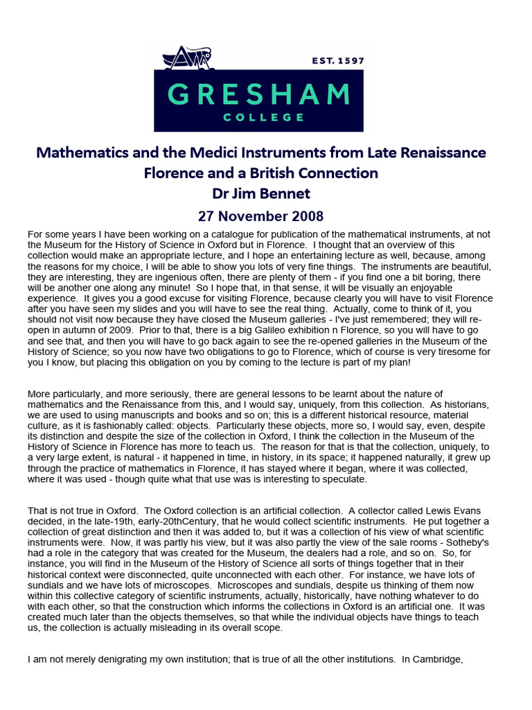 Mathematics and The Medici Instruments From Late Renaissance Florence ...
