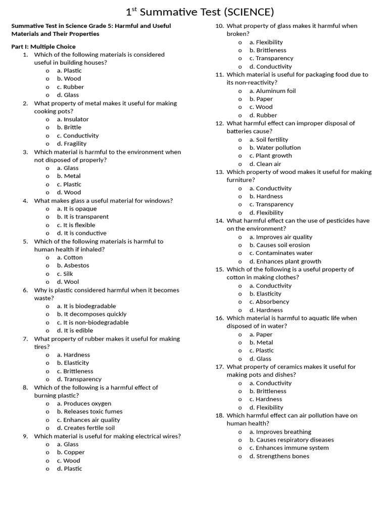 1ST Summative Test in Science Grade 5 | PDF | Plastic | Biodegradation