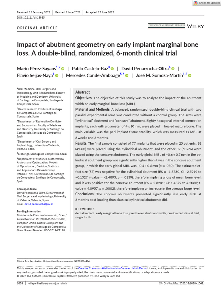 Clinical Oral Implants Res - 2022 - P Rez Sayans - Impact of Abutment Geometry On Early Implant ...