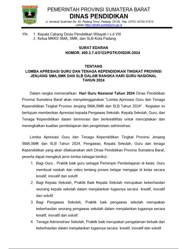 Surat Edaran Lomba Apresiasi GTK Tahun 2024 | PDF
