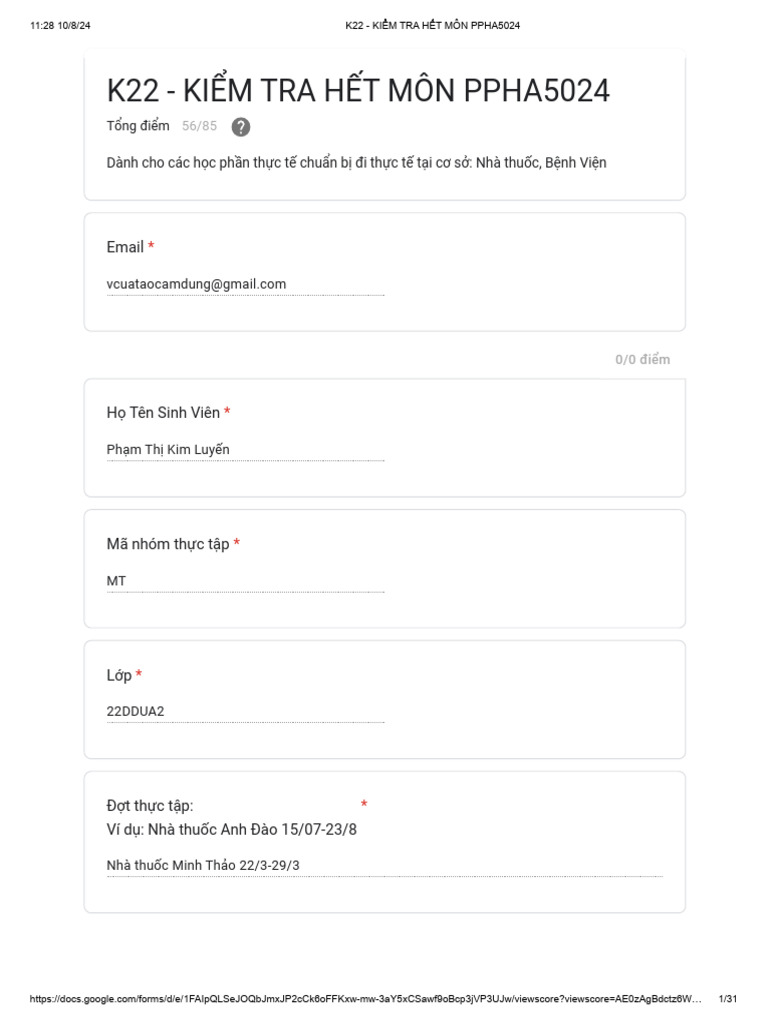 K22 - KIỂM TRA HẾT MÔN PPHA5024 | PDF