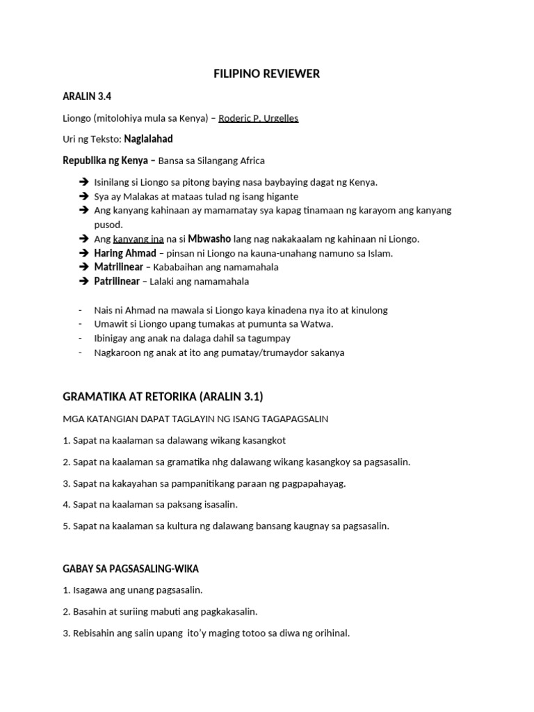 Filipino Reviewer | PDF