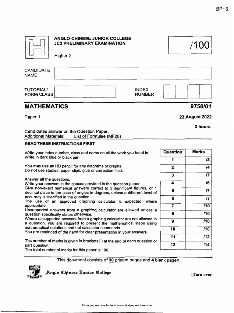 Alevel 2022 MathsH2 Prelims Acs | PDF