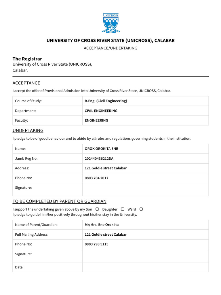 UNICROSS Portal - Acceptance - Undertaking Form | PDF