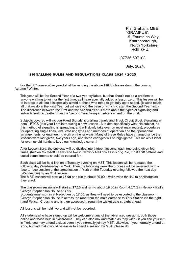 Block Class Letter rev 2. | PDF | Rail Transport