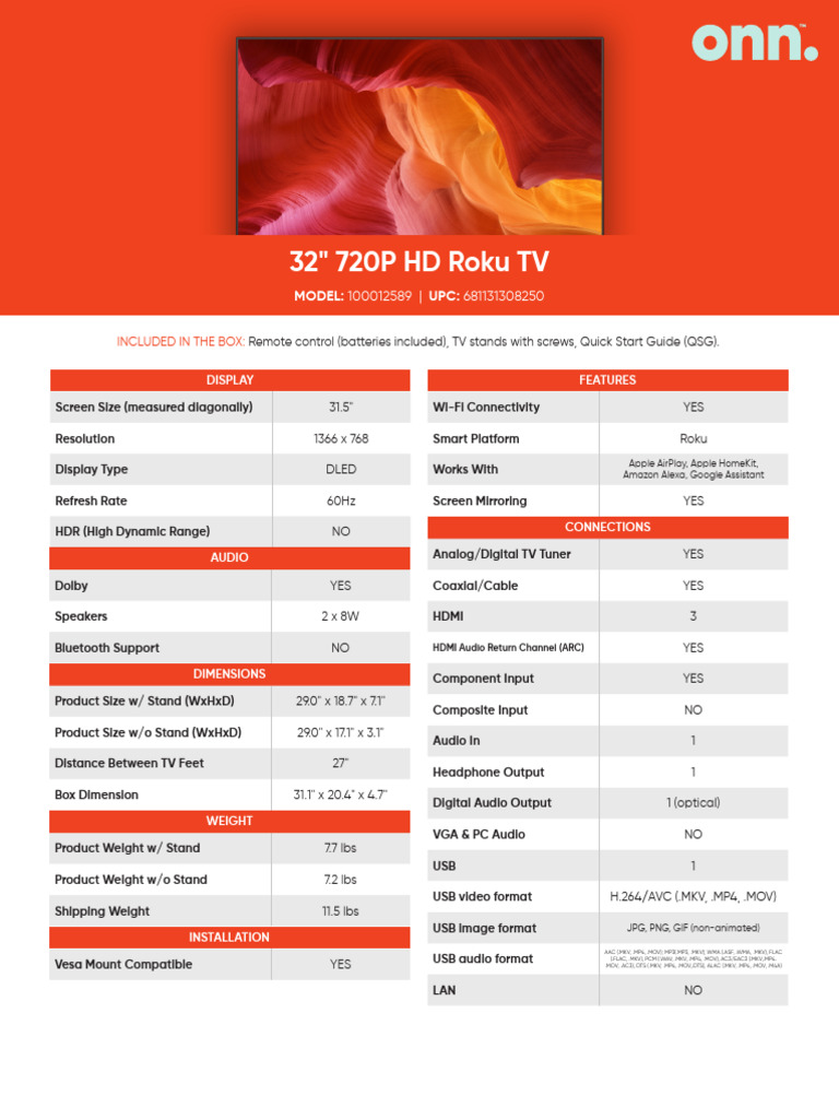 100012589_Spec_Sheet | PDF | Hdmi | Roku
