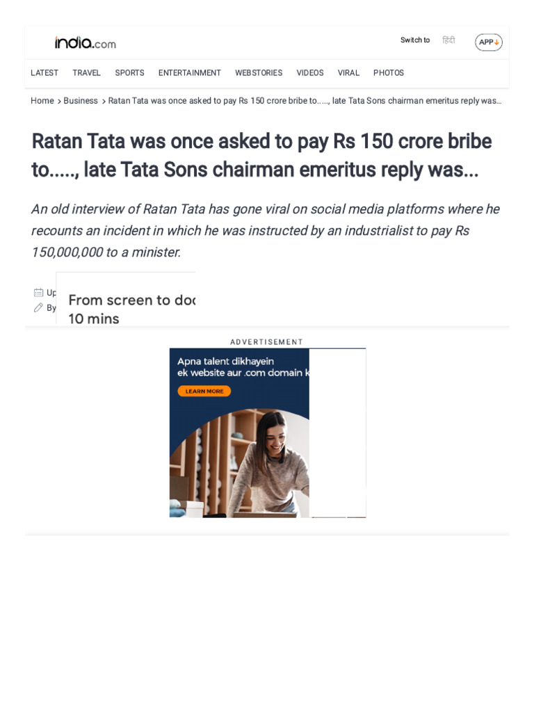 Ratan Tata Was Once Asked To Pay Rs 150 Crore Bribe To....., Late Tata Sons Chairman Emeritus ...