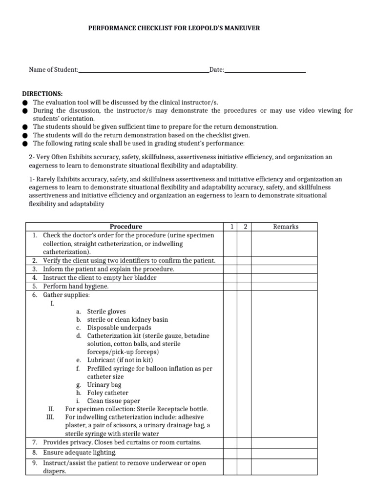 Leopold's Maneuver Performance Checklist | PDF | Catheter | Urology