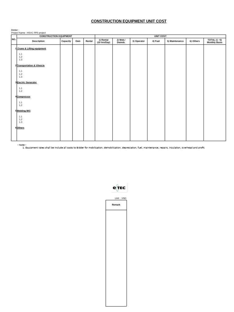 Construction Equipment Cost Breakdown | PDF
