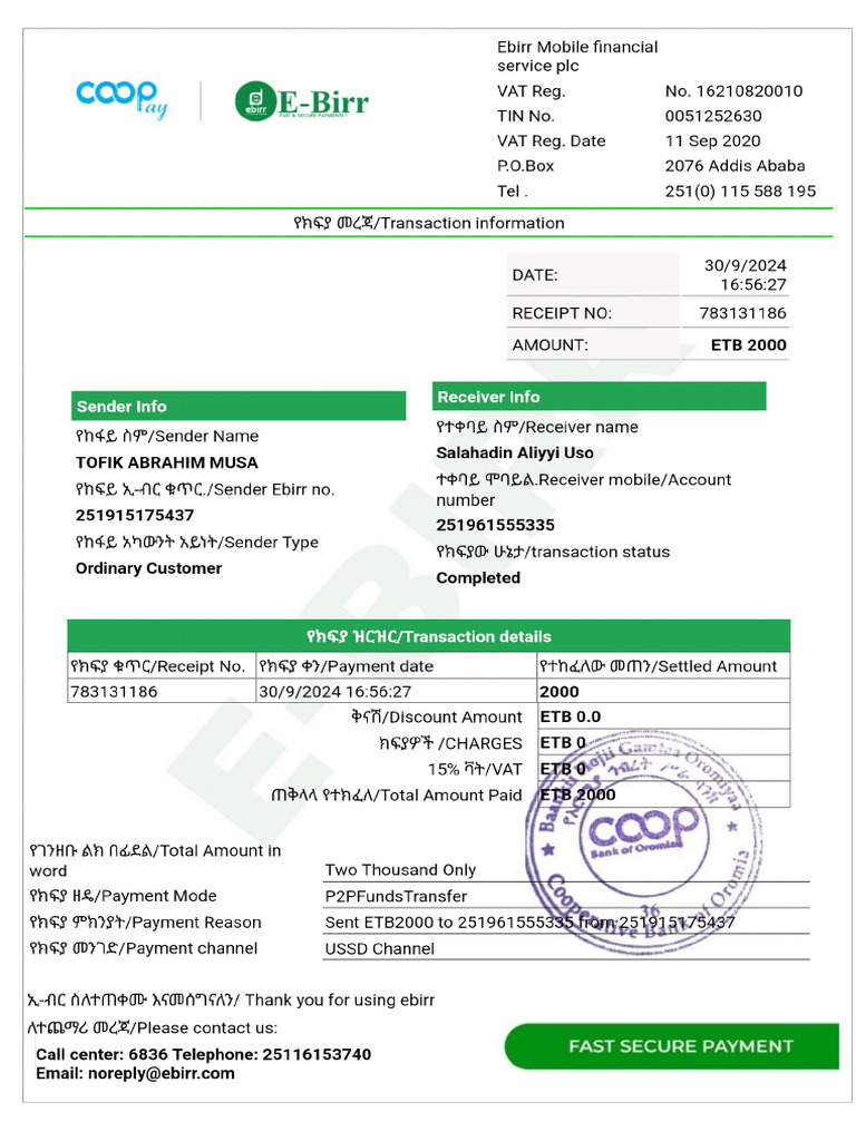 Ebirr - Send Money To Registered Customer | PDF