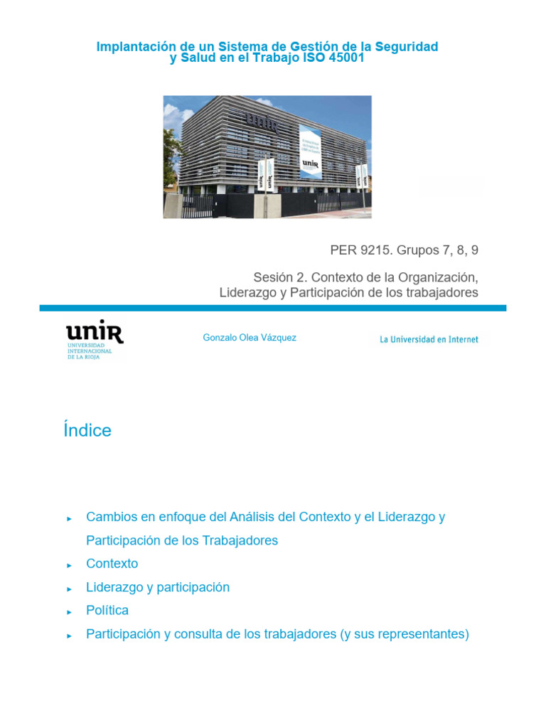 Sesión 2 PER 9215 Contexto de La Organización, Liderazgo y Participación de Los Trabajadores ISO ...
