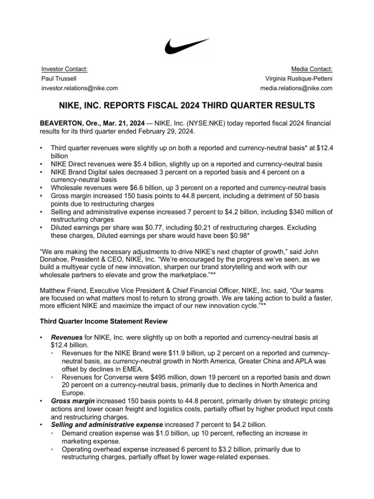 FY24 Q3 Combined NIKE Press Release Smchedules FINAL | PDF | Dividend ...
