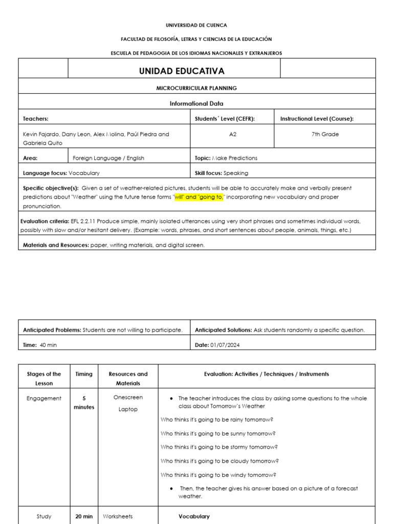 Lesson Plan Template - Microteaching Speaking | PDF | Weather | Vocabulary