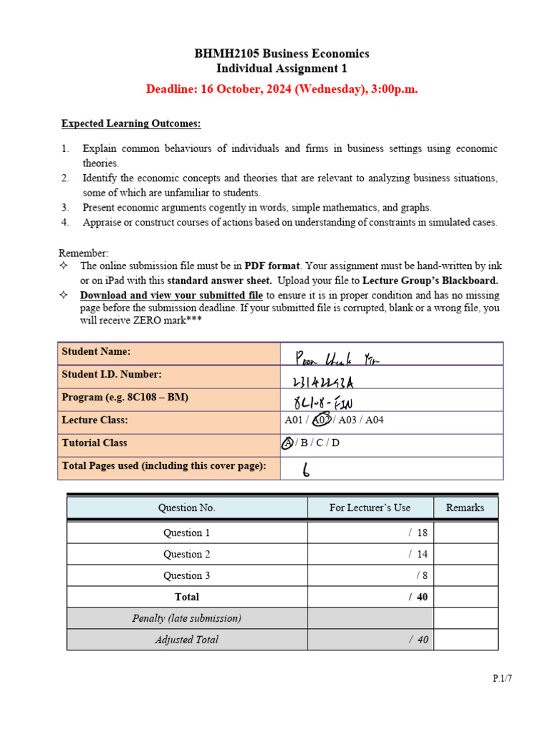 BHMH2105 - Assignment 1 - Answer Sheet - v2 | PDF | Elasticity (Economics) | Economic Surplus