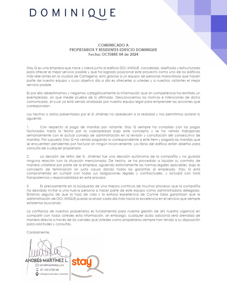 Comunicado sobre Stay Q y Edificio Dominique | PDF | Business