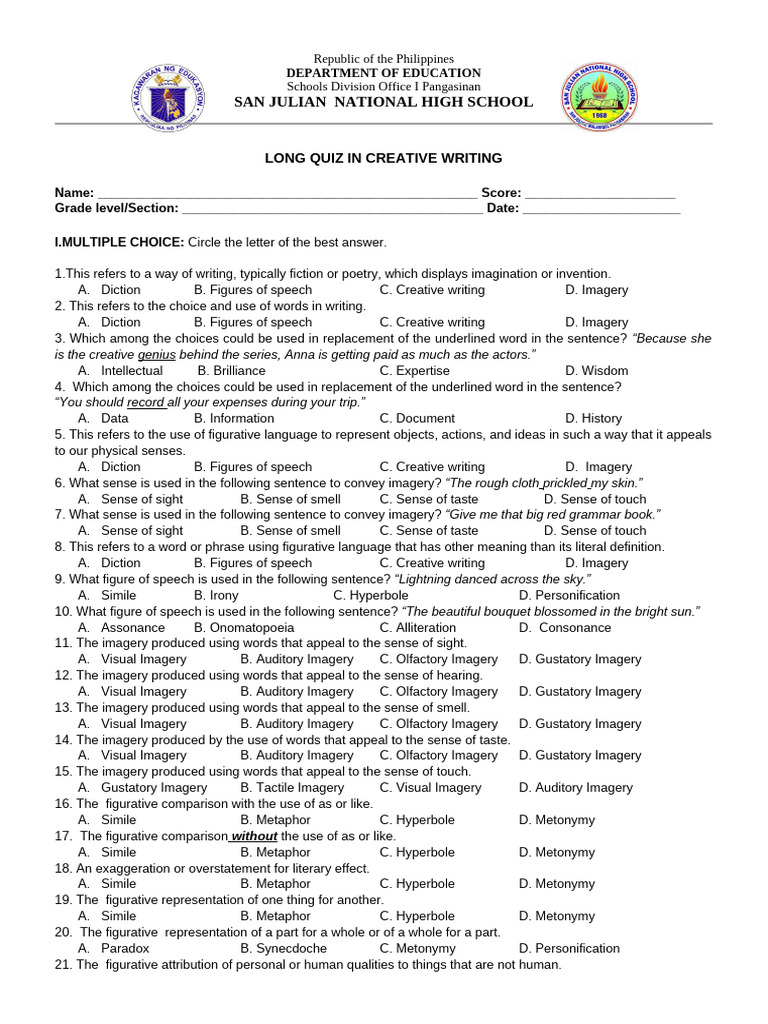 Long Quiz in Creative Writing | PDF | Senses | Metaphor