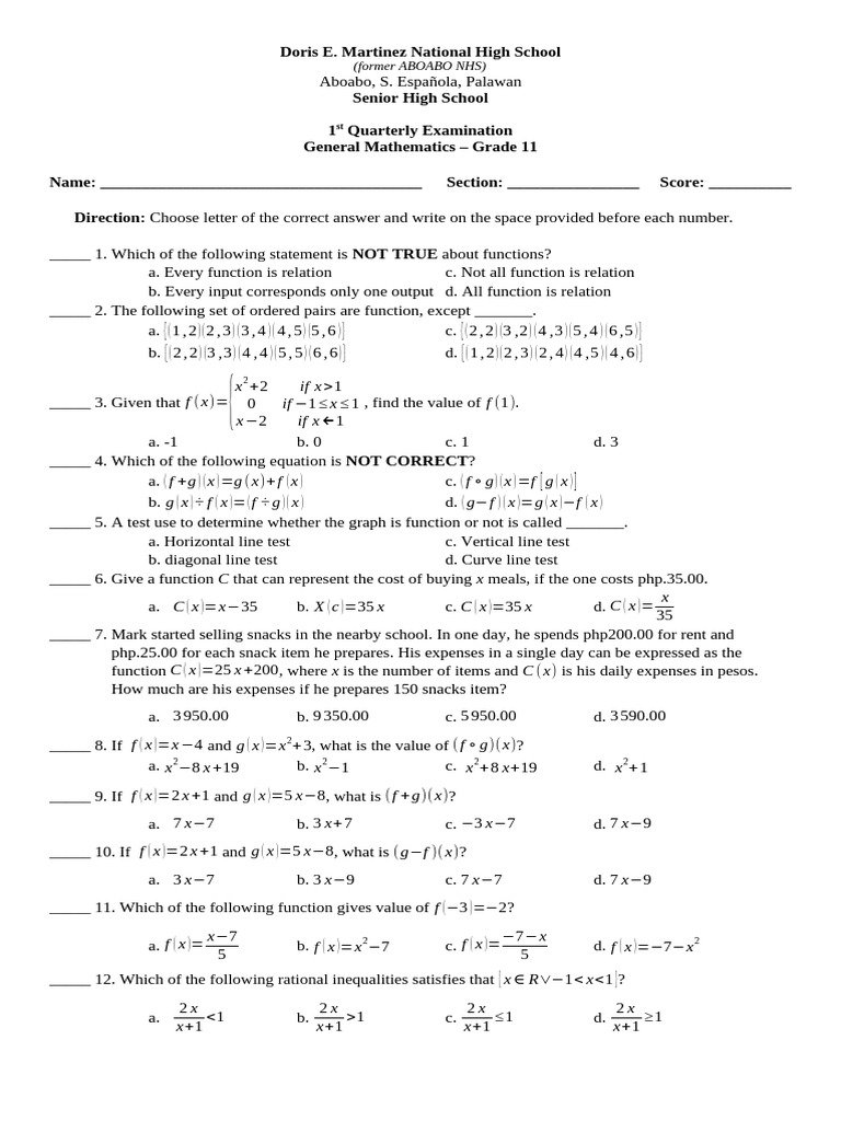 Gen - Math 1st Quarter Exam | PDF | Function (Mathematics) | Asymptote