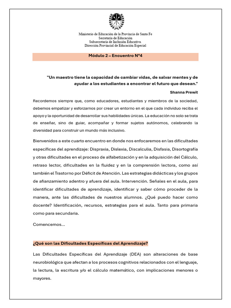 Lectura Obligatoria y Actividad. Encuentro N°4. DIFICULTADES ESPECÍFICAS DEL APRENDIZAJE | PDF ...