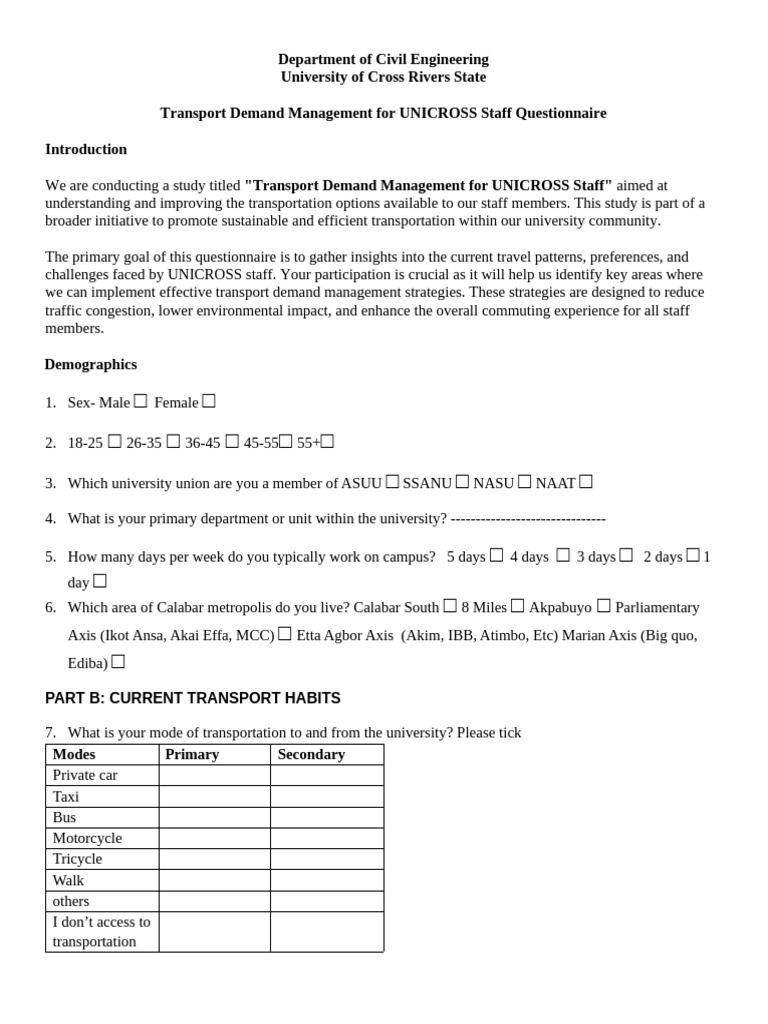 Survey questionaire | PDF | Transport | Economies
