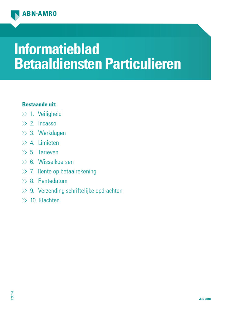 ABN AMRO Informatieblad - Betaaldiensten 2018 - 07 | PDF