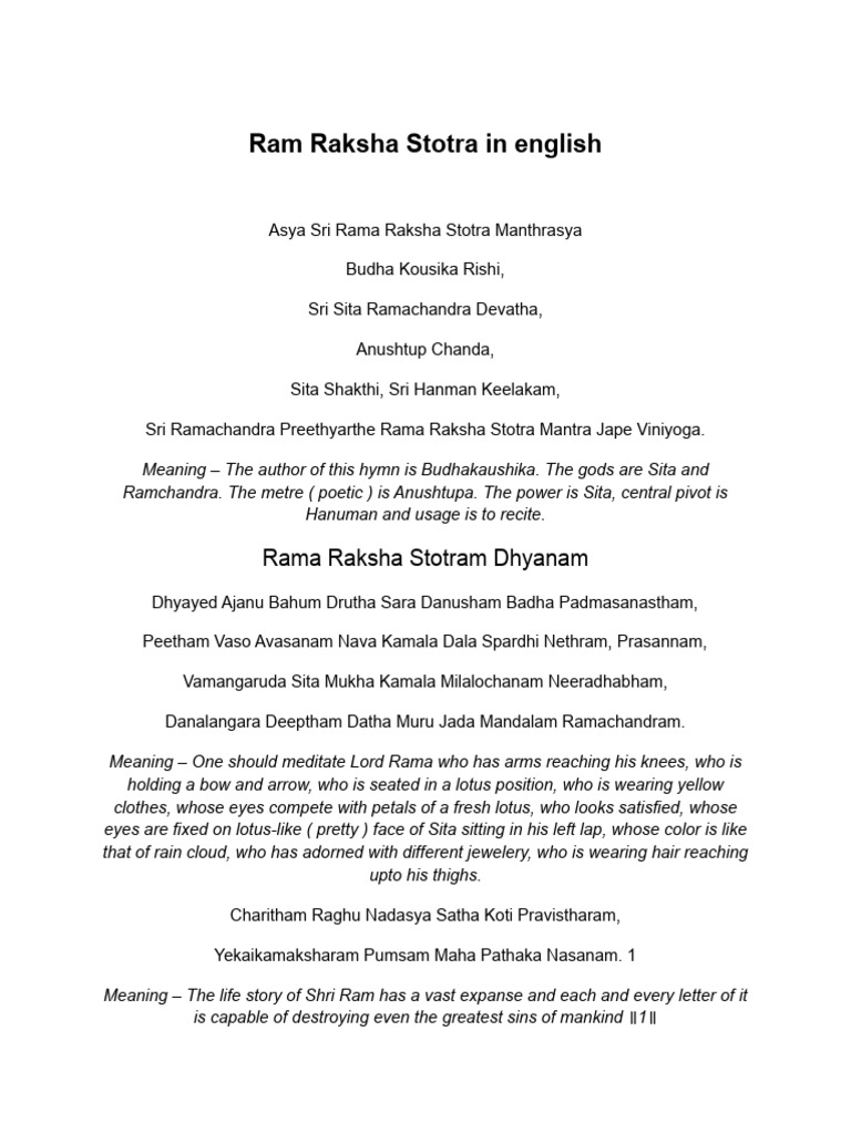 Ram Raksha Stotra in English | PDF | Rama | Sita