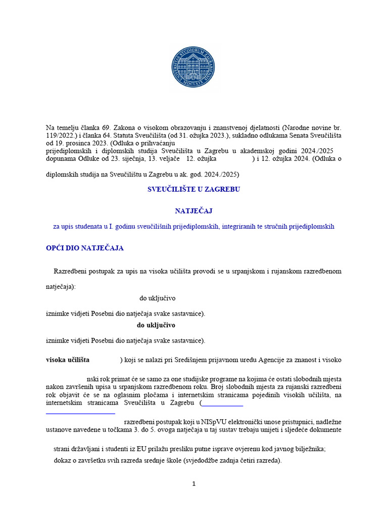 Natjecaj Prijediplomski 2024-2025 PDF | PDF