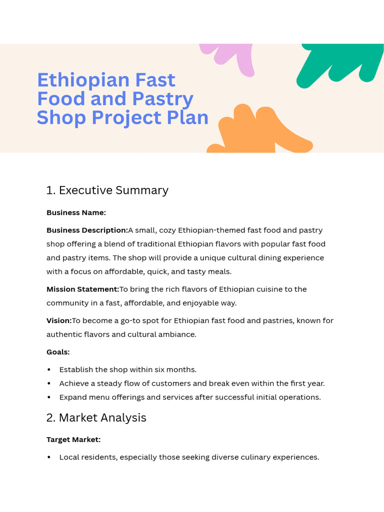 Ethiopian Fast Food and Pastry Shop Project Plan | PDF | Fast Food | Meal
