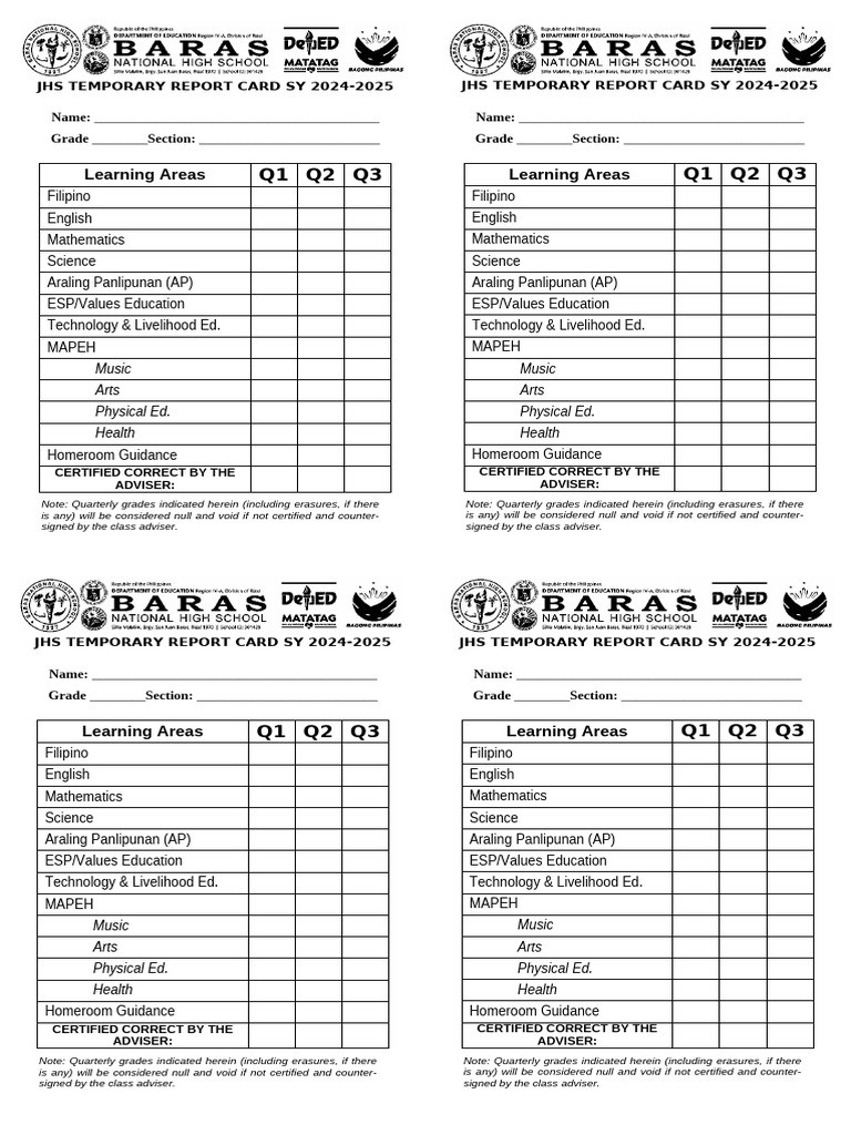 Temporary Report Card JHS 2023 | PDF