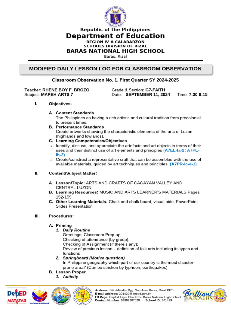 G7 Arts Lesson Plan: Classroom Obs | PDF | Learning | Cognition