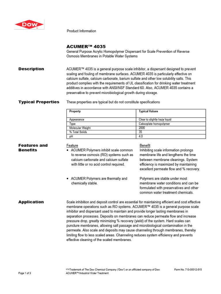 ACUMER 4035 TDS For Reverse Osmose Membranes | PDF | Membrane ...