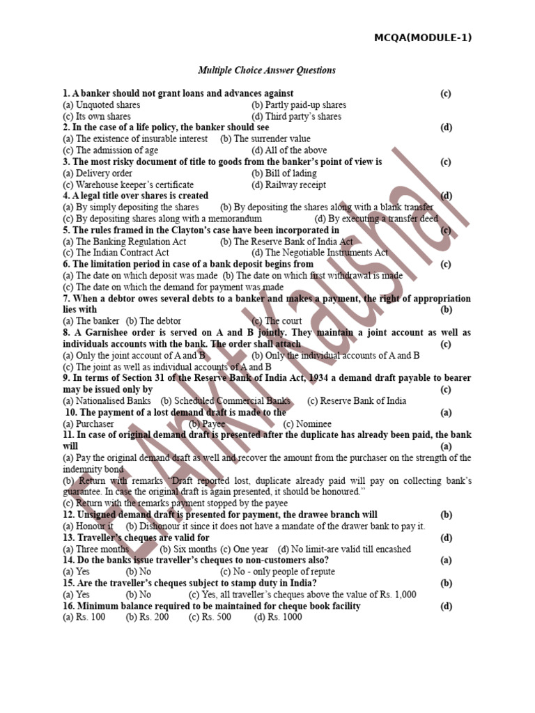 Banking MCQA | PDF | Negotiable Instrument | Banks