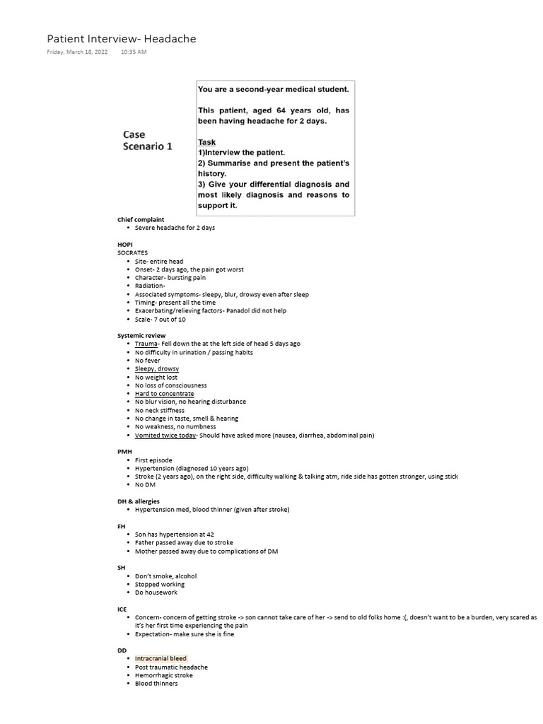 Patient Interview - Headache | PDF | Headache | Stroke