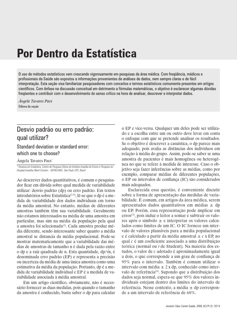 Desvio Padrão vs Erro Padrão em Estatística | PDF | Desvio padrão ...