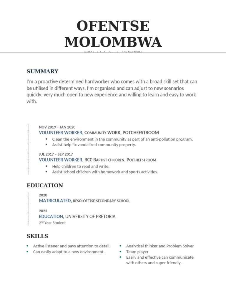 Ofentse Molombwa (Resume) | PDF | Career & Growth