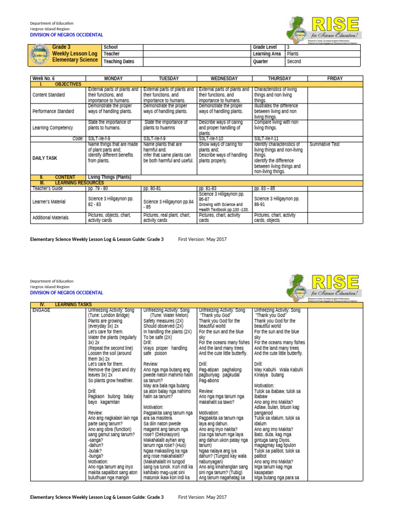 Grade 3 Weekly Lesson Log Elementary Science: School Grade Level ...