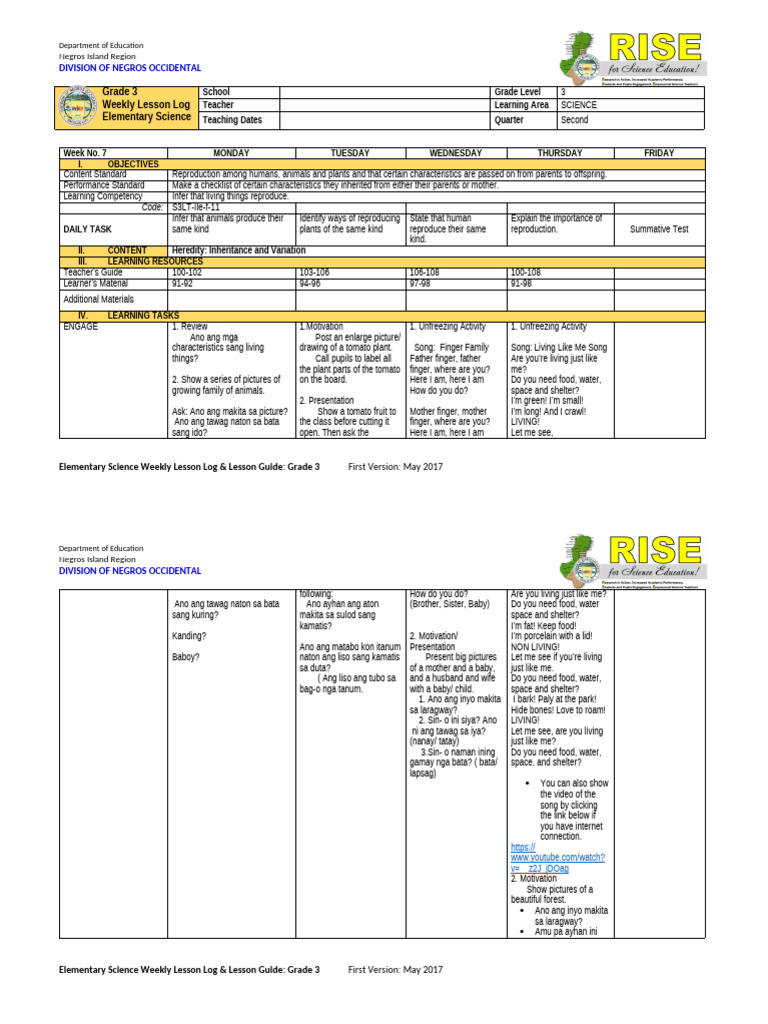 Grade 3 Weekly Lesson Log Elementary Science: School Grade Level ...